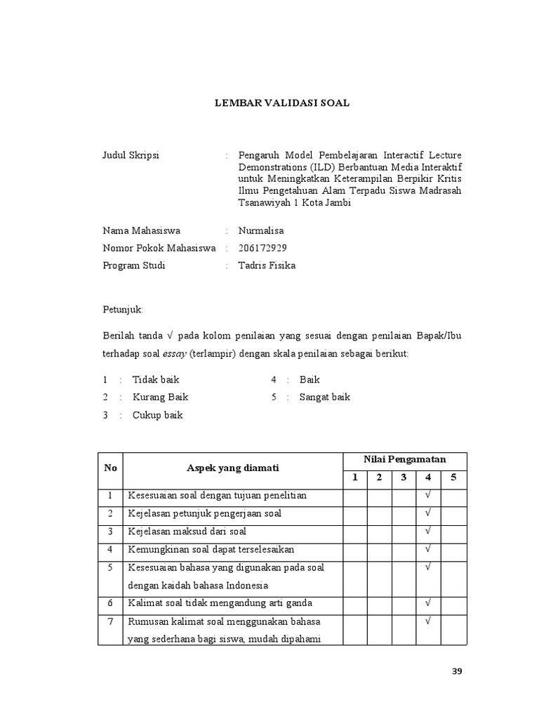 Lembar Validasi Soal Lisa | PDF