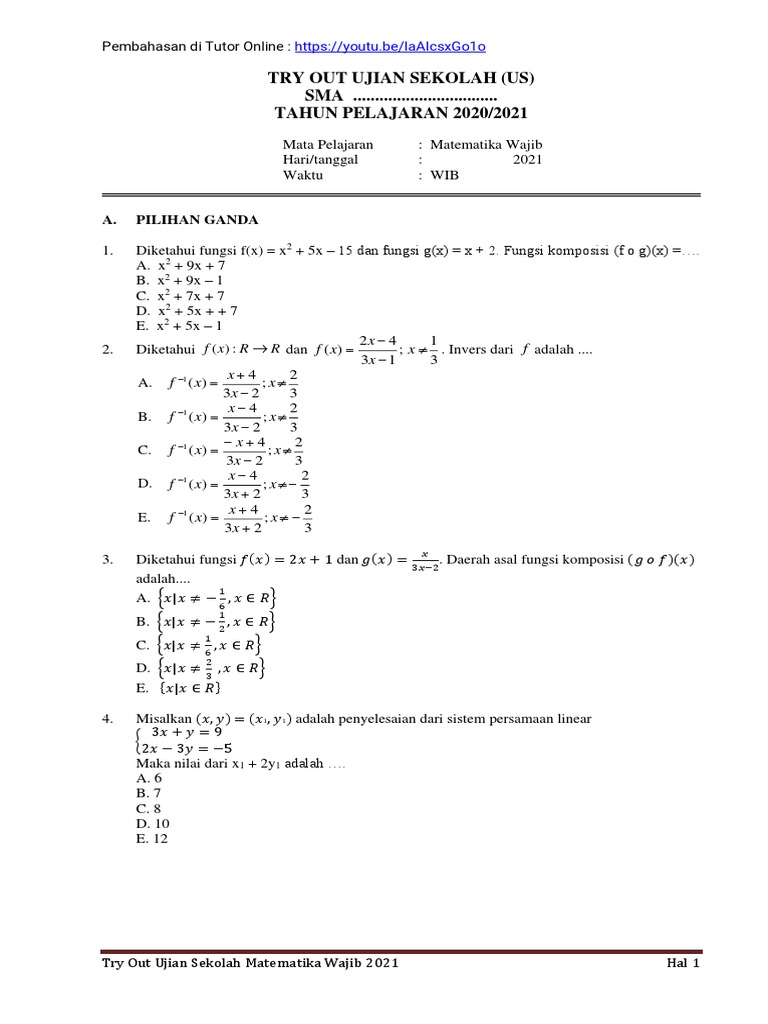 Soal Try Out Mat Wajib US 2021 | PDF