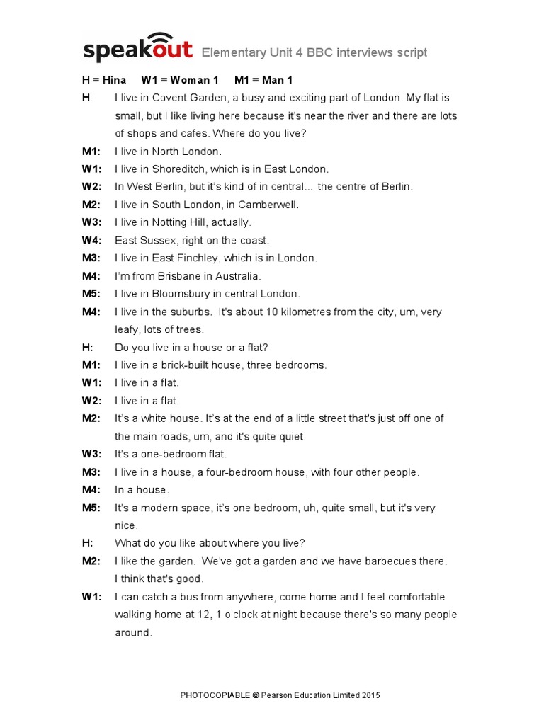 Elementary Unit 4 BBC Interviews Script: PHOTOCOPIABLE © Pearson ...