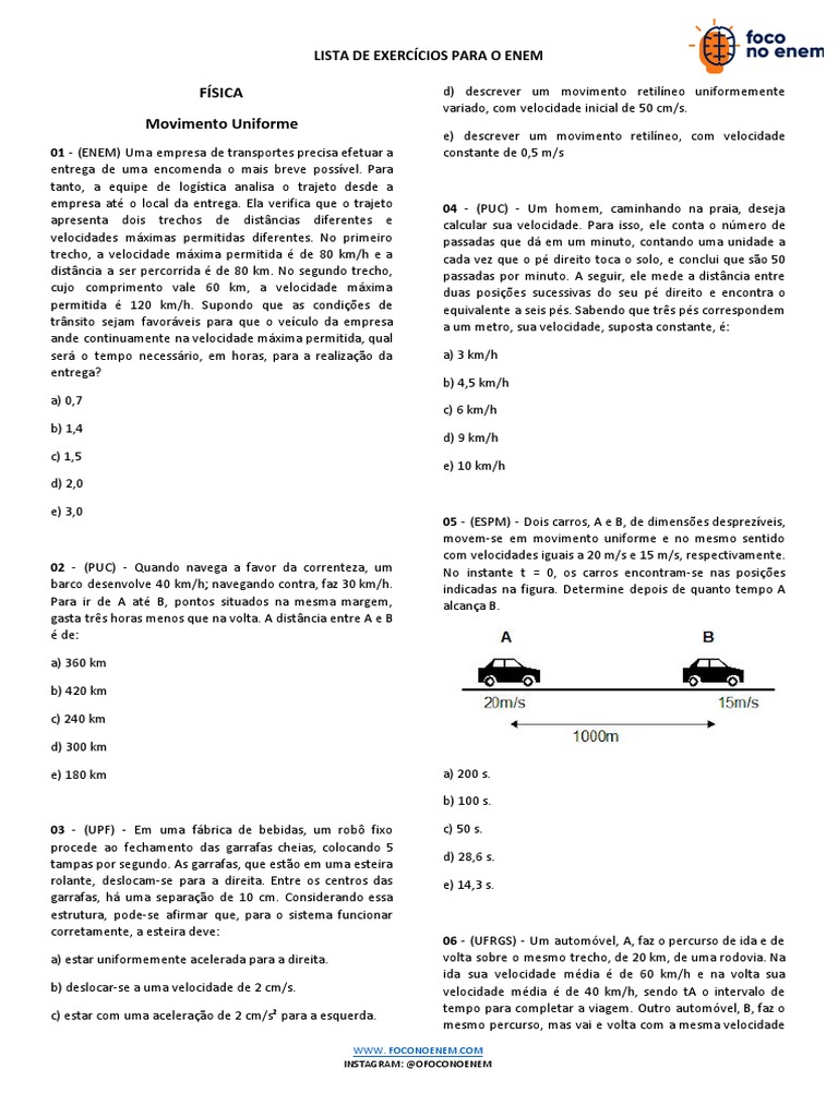 Movimento Uniforme Lista de Exercicios Fisica ENEM | PDF | Velocidade | Tempo