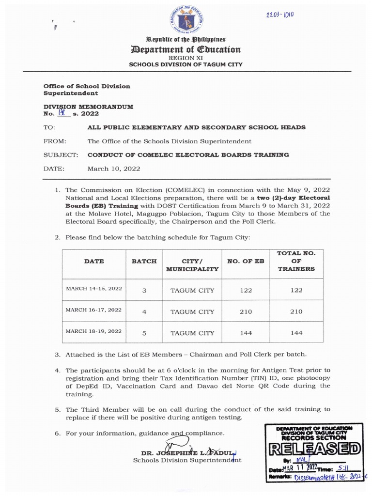DM138 03 11 2022 Conduct of Comelec Electoral Boards Training | PDF