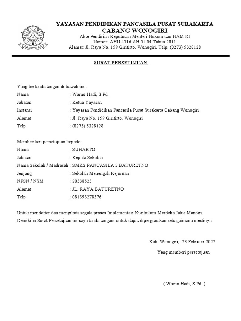 Form Surat Persetujuan Yayasan (IKM) | PDF