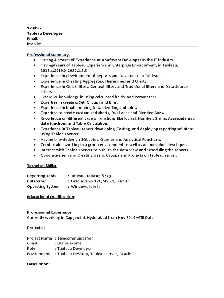 Professional Summary:: 123456 Tableau Developer | PDF | Databases | Microsoft Sql Server