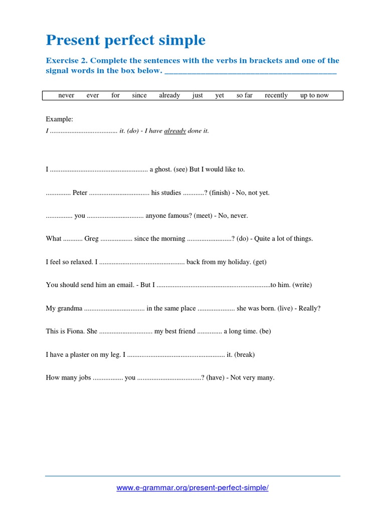 Present Perfect Signal Words Exercise 2 | PDF