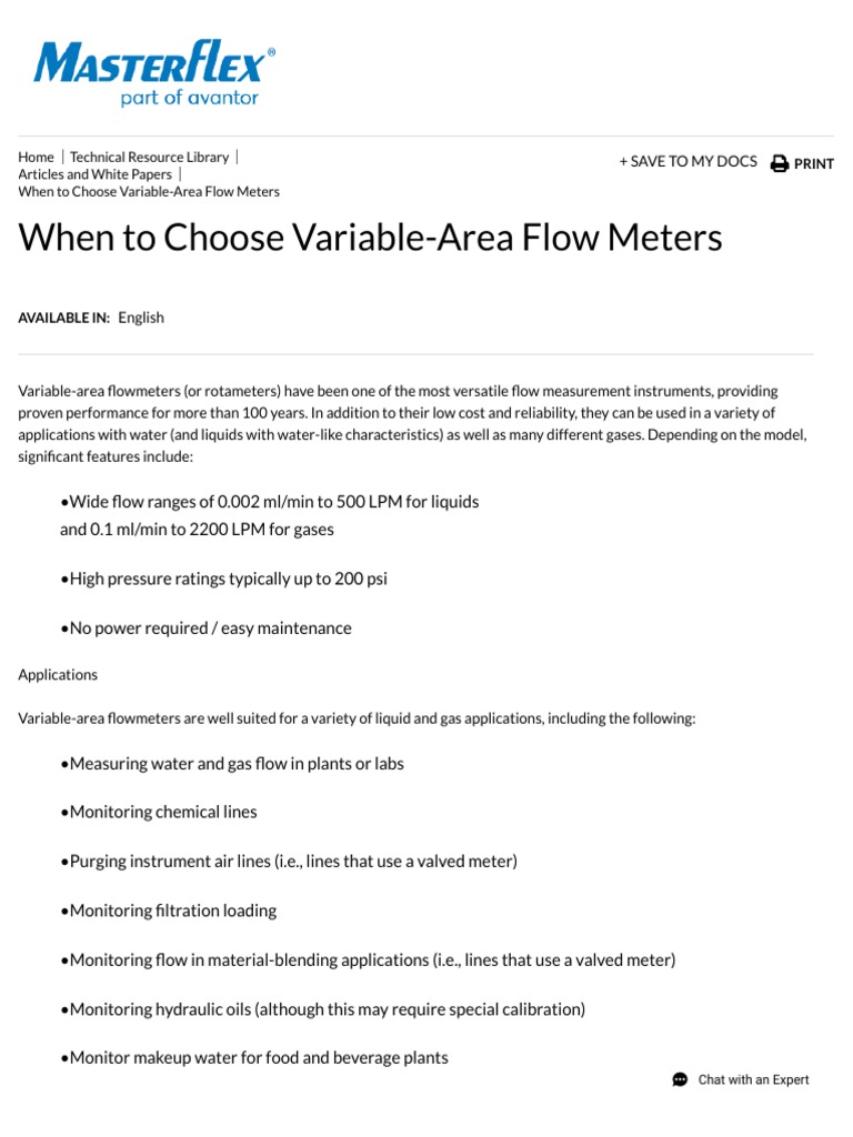 When To Choose Variable-Area Flow Meters From Masterflex | PDF | Flow ...