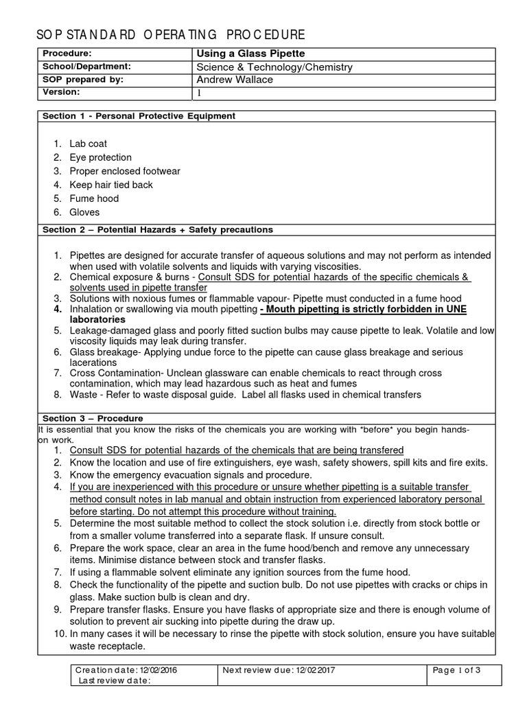 Sop Standard Operating Procedure: Science & Technology/Chemistry Andrew ...