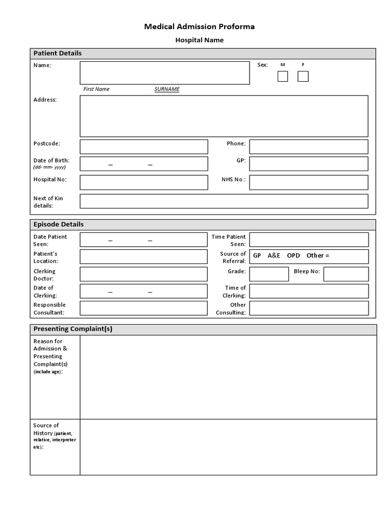 Medical Admission Proforma: Hospital Name Patient Details | PDF ...