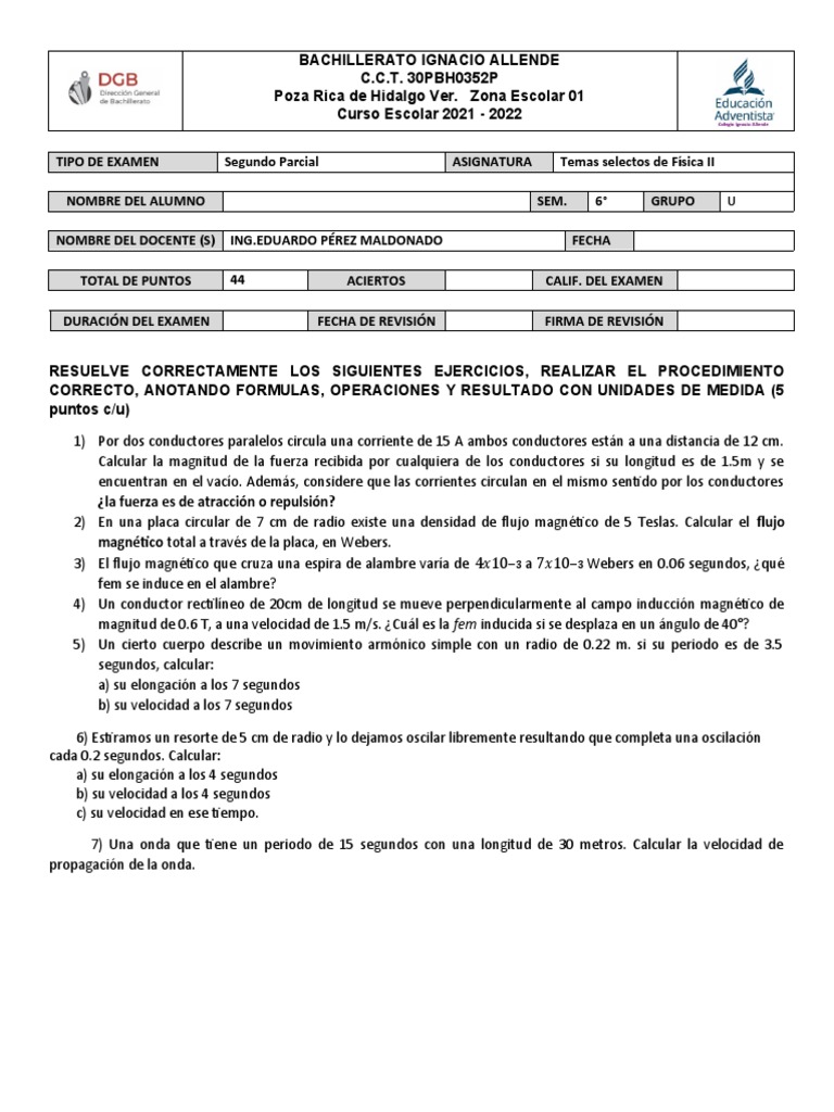 Formato de Examen - DGB - 2022 Segundo | PDF | Campo magnético | Velocidad