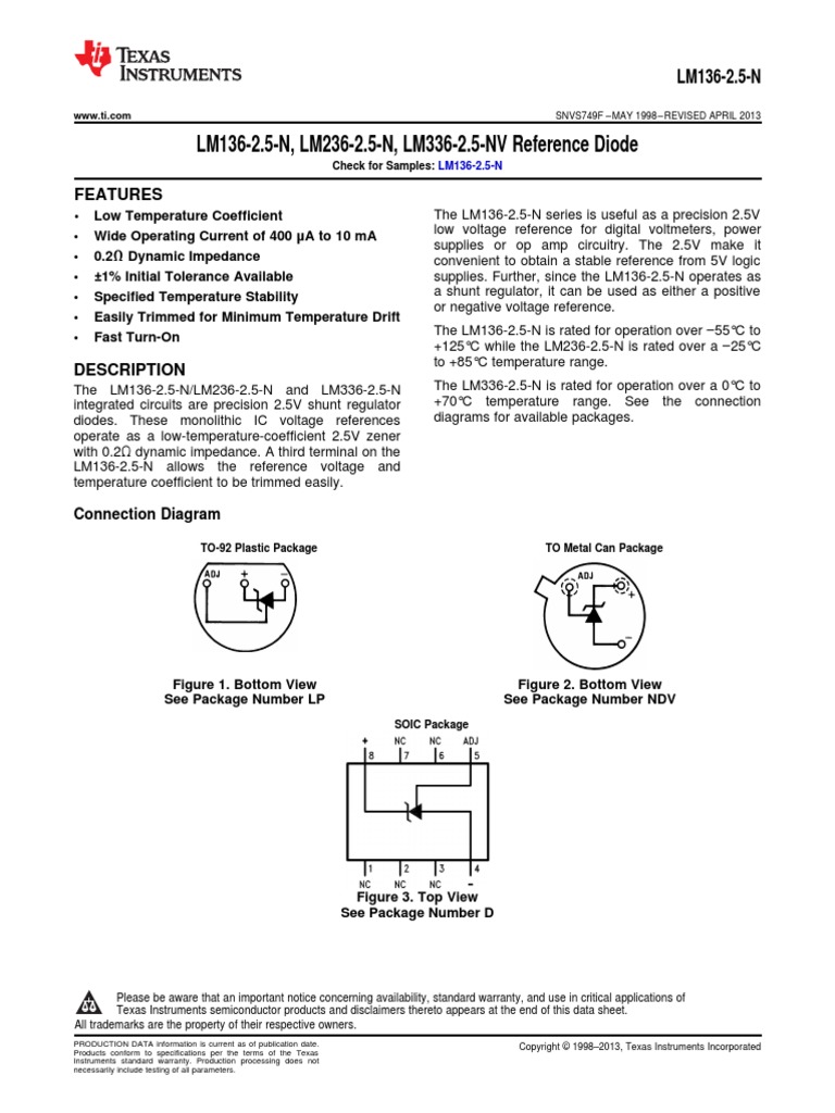 LM136-2.5-N, LM236-2.5-N, LM336-2.5-NV Reference Diode: Features | PDF ...