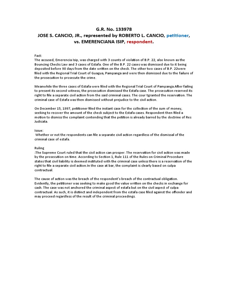 G.R. No. 133978 JOSE S. CANCIO, JR., Represented by ROBERTO L. CANCIO ...