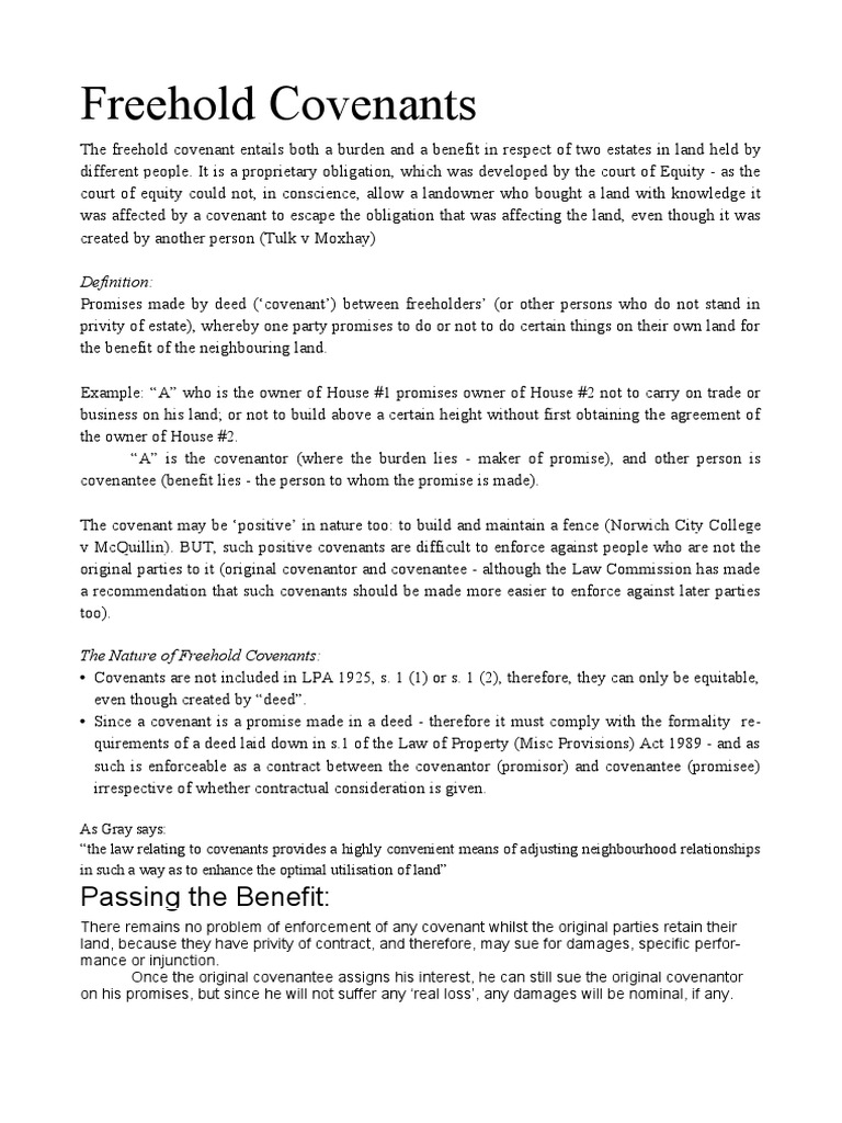 Freehold Covenants: Passing The Benefit | PDF | Covenant (Law) | Lease