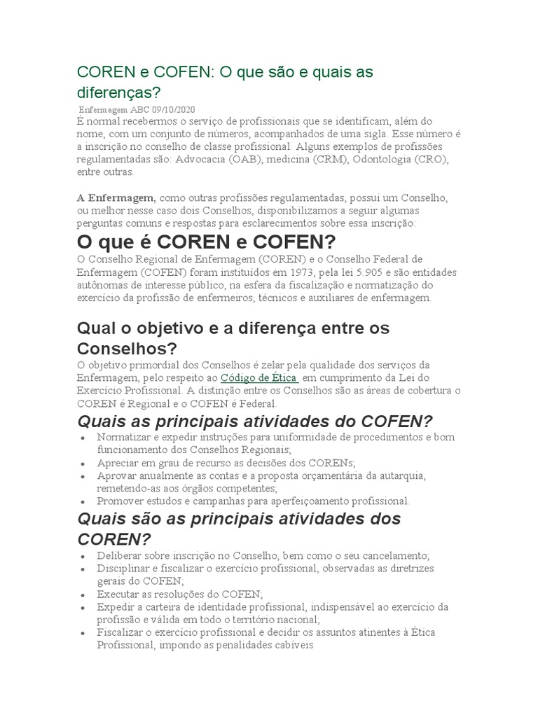 Coren e Cofen | PDF | Enfermagem | Sistema de saúde