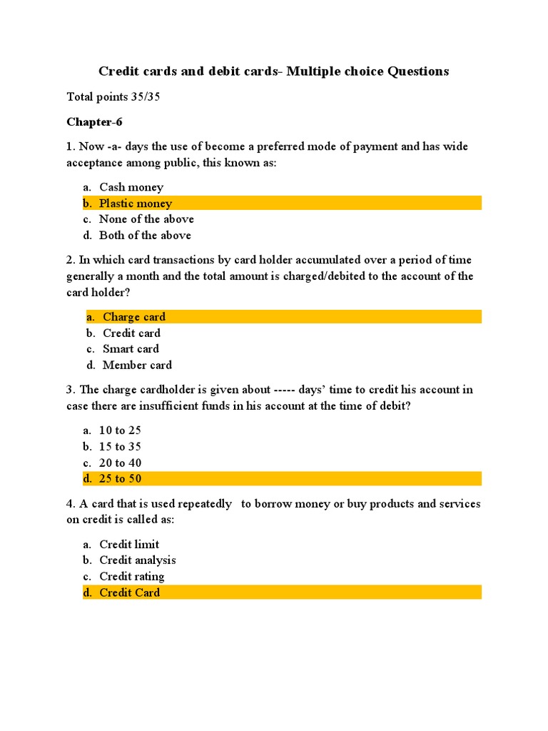 Credit Cards and Debit Cards-Multiple Choice Questions: Chapter-6 | PDF ...