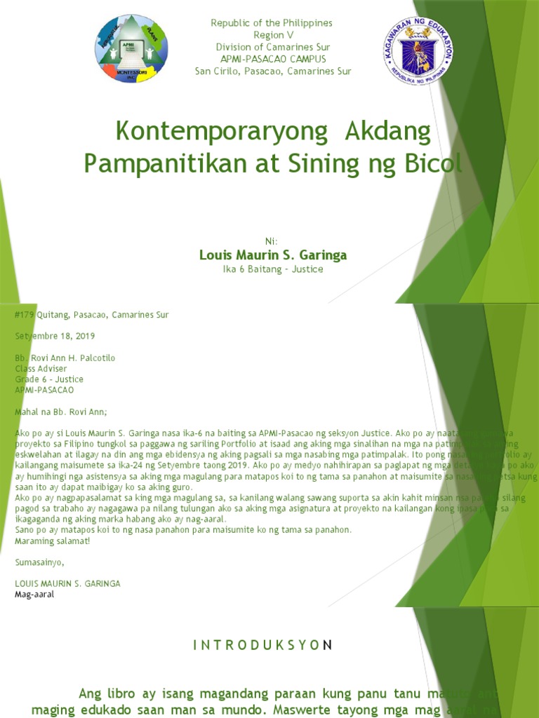 Contemporaryong Akdang Pampanitikan at Sining NG Bicol - PPT | PDF