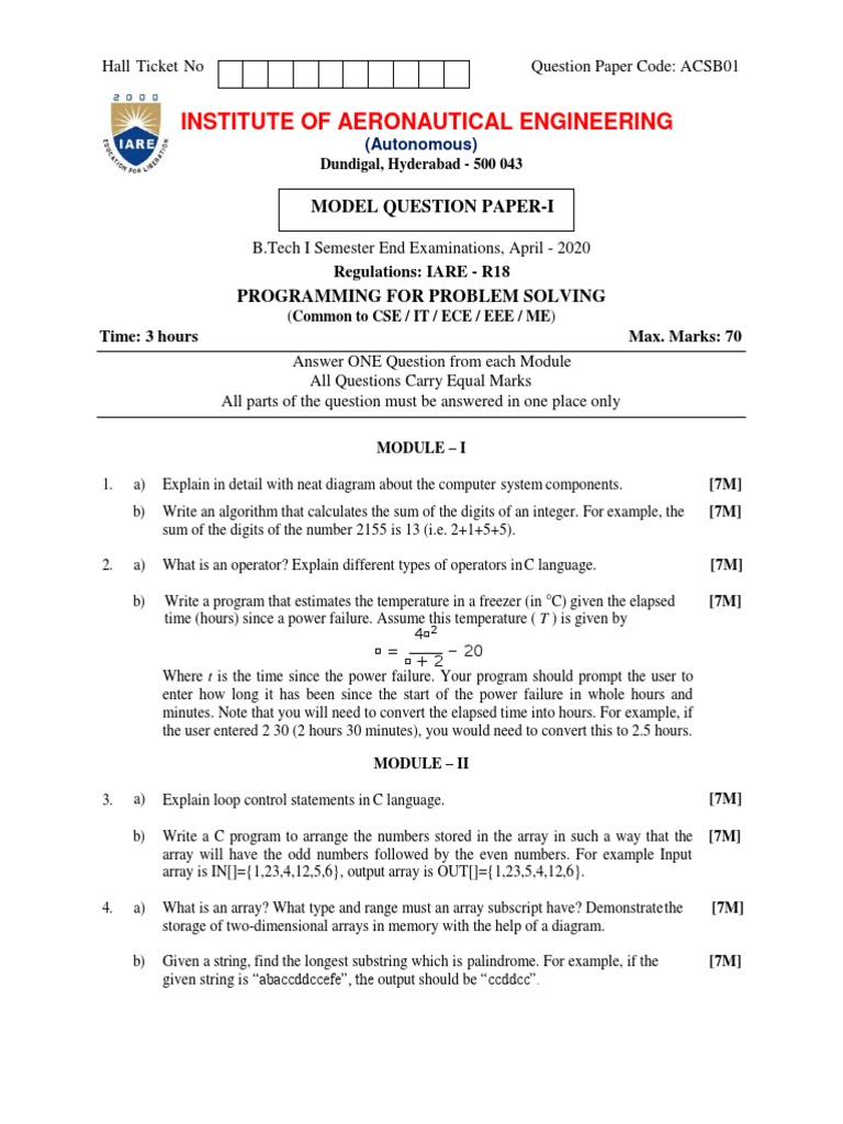 Cse Programming For Problem Solving Model Question Papers 1 | PDF ...