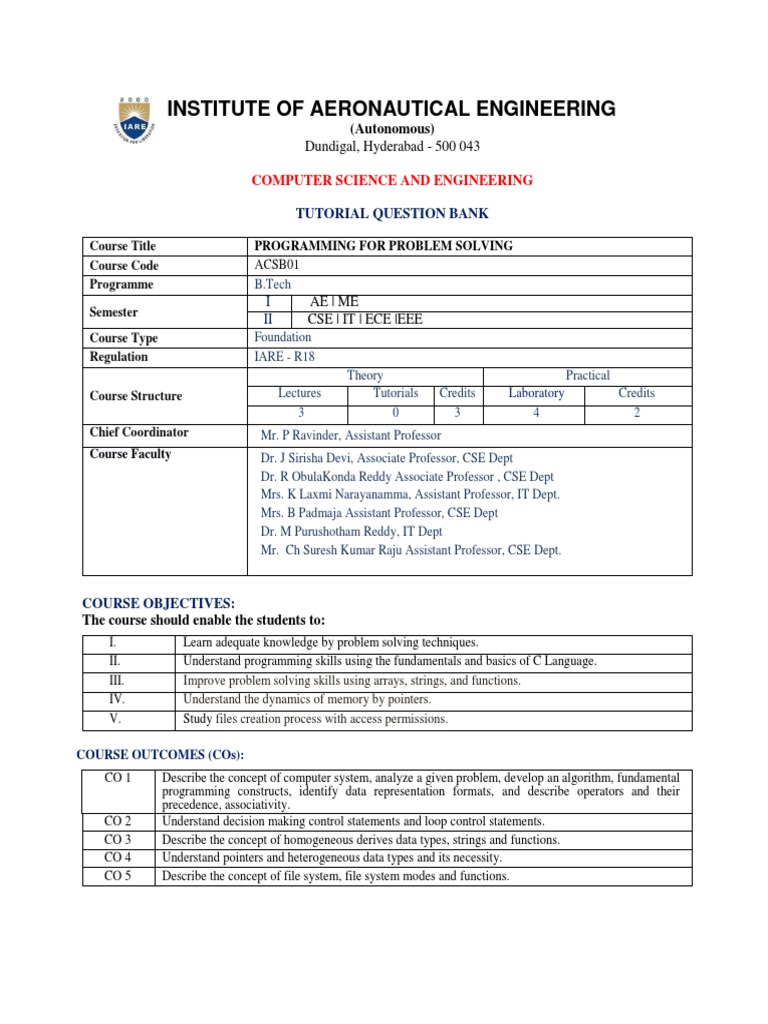 Cse Programming For Problem Solving Tutorial Question Bank | PDF | Subroutine | C (Programming ...
