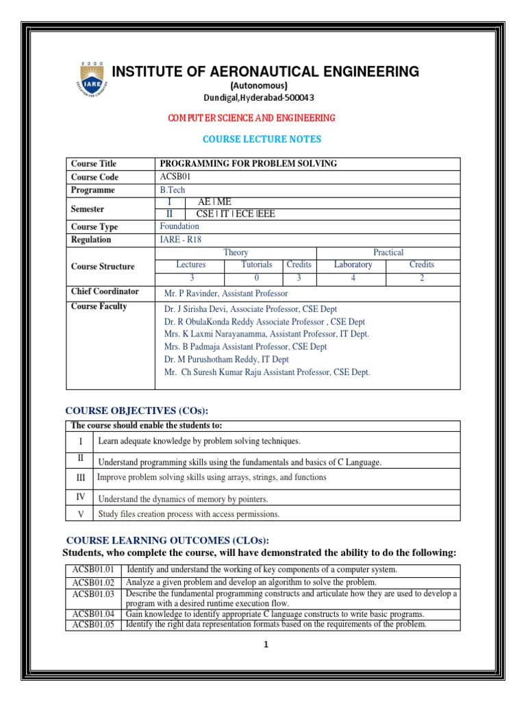 Cse Programming For Problem Solving Lecture Notes Pdf Data Type Computer Data Storage 