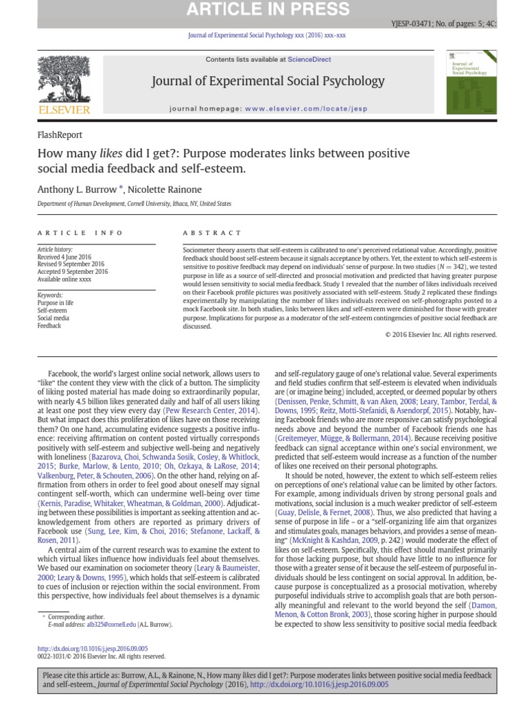 Journal of Experimental Social Psychology: Anthony L. Burrow, Nicolette ...