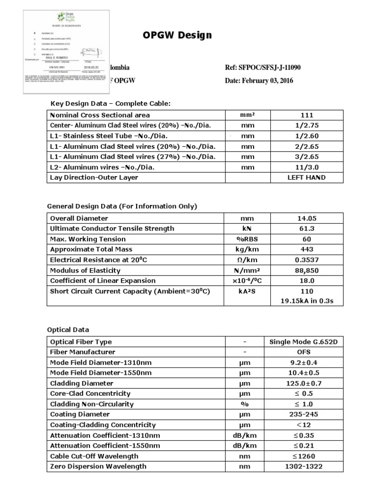 OPGW Design Data Sheet (SFSJ-J-11090) - LUX | PDF | Optical Fiber ...