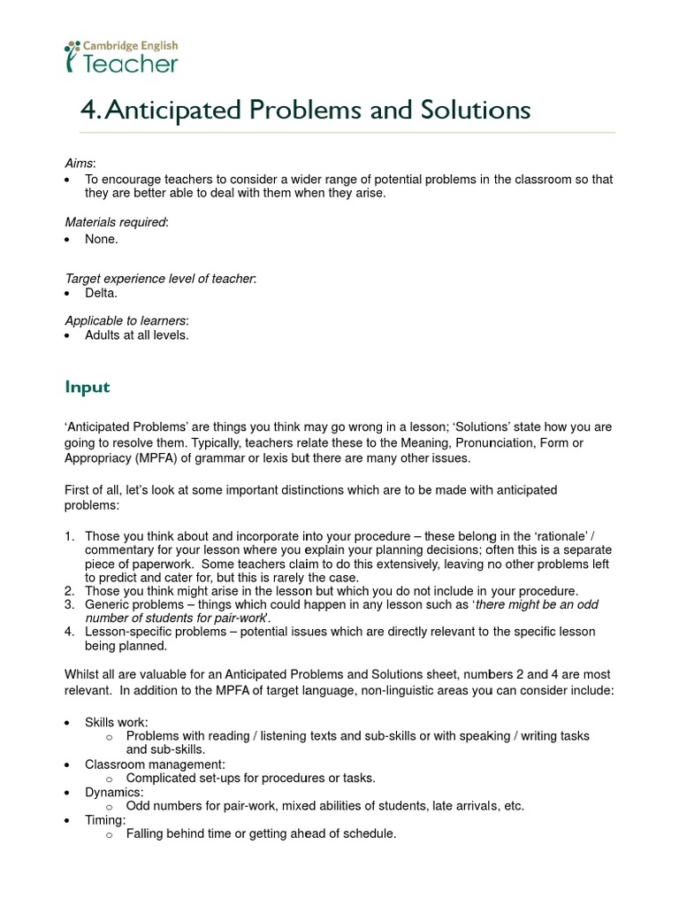 Teaching Task - Anticipated Problems and Solutions | PDF | Translations ...