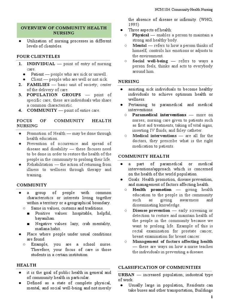 Community Health Nursing - REVIEWER | PDF | Nursing | Public Health