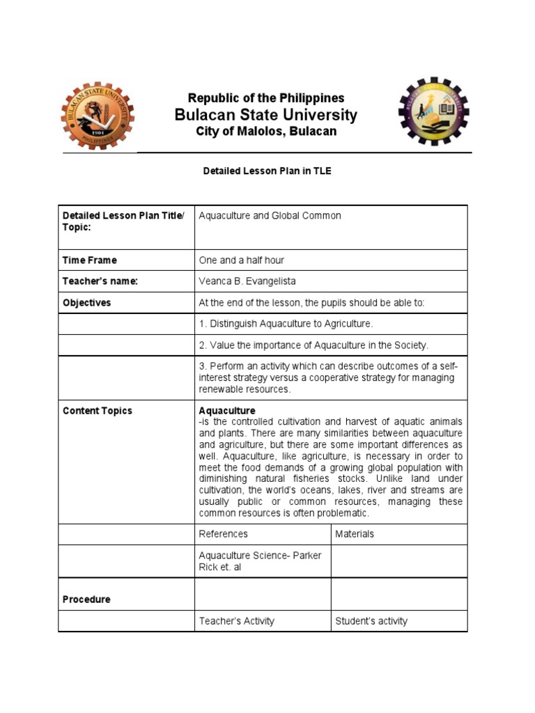 Template For Project Based Lesson Plan in TLE | PDF | Lesson Plan | Aquaculture