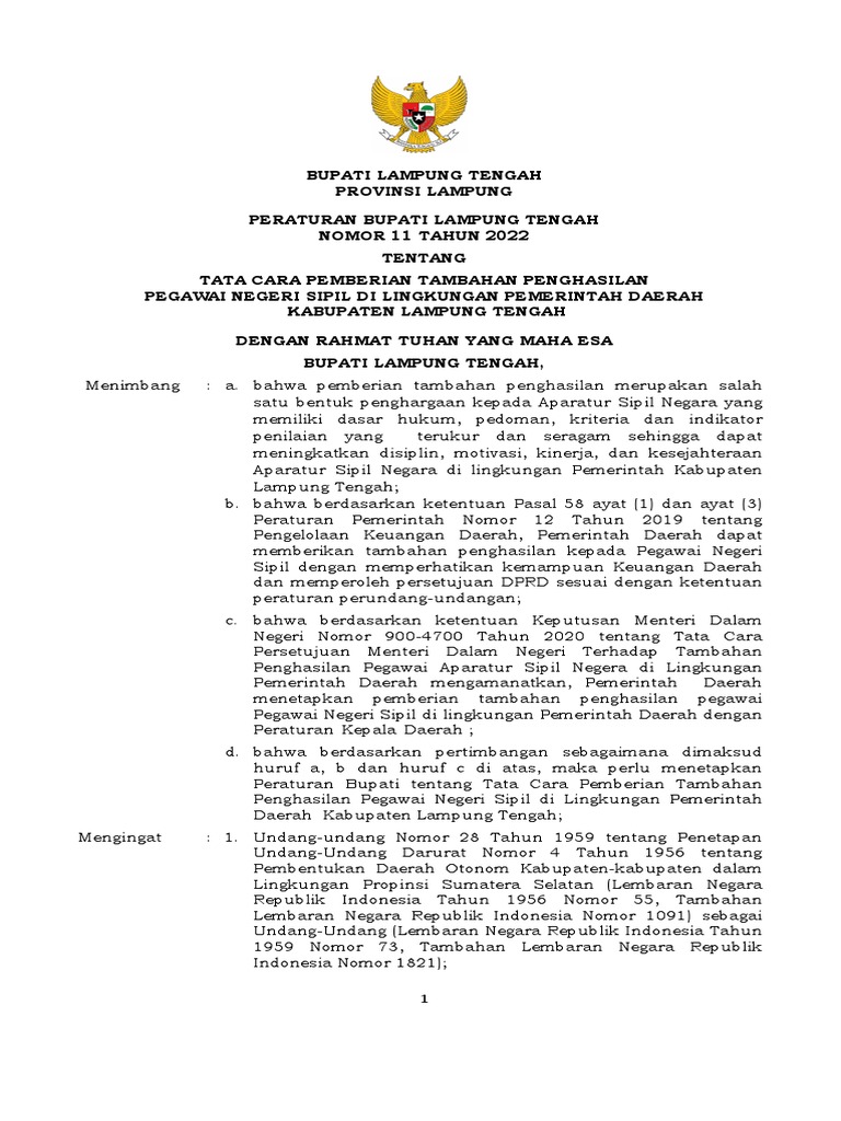 Perbub TPP Kab. Lapung Tengah 2022 | PDF