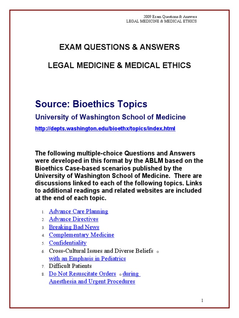 Medical Ethics Exam Questions 2009 | PDF | Medical Ethics | Medicine