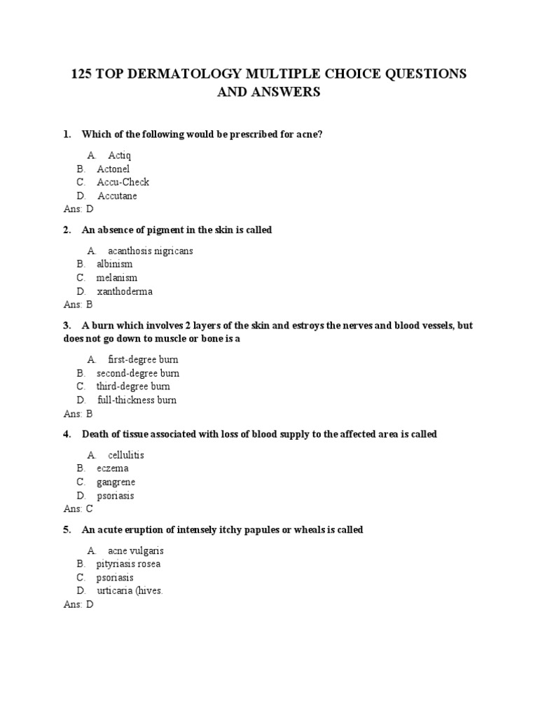 Top Dermatology Multiple Choice Questions and Answers | PDF ...