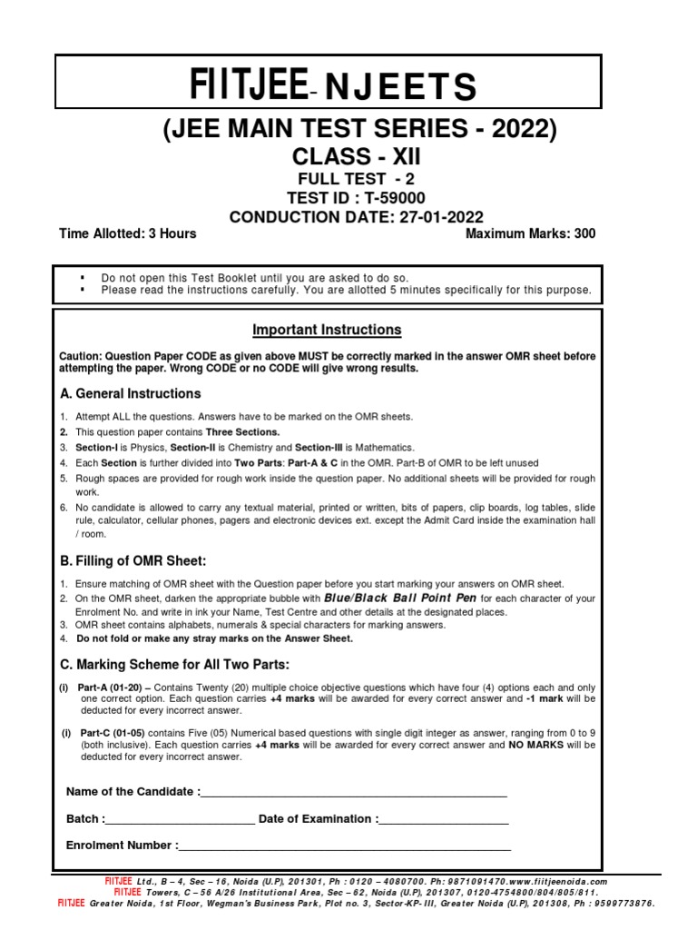 FULL TEST-2 - PCM - Question Paper | PDF | Force | Chemical Equilibrium