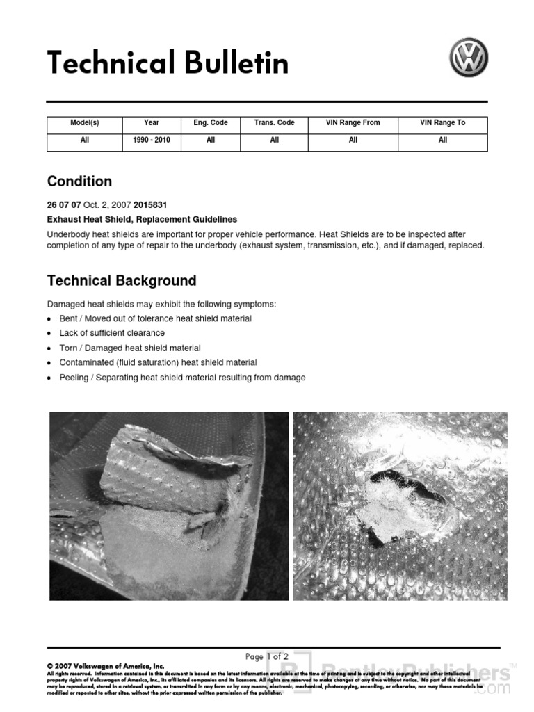 VW - tb.26-07-07 Exhaust Heat Shield Replacement Guidelines | PDF