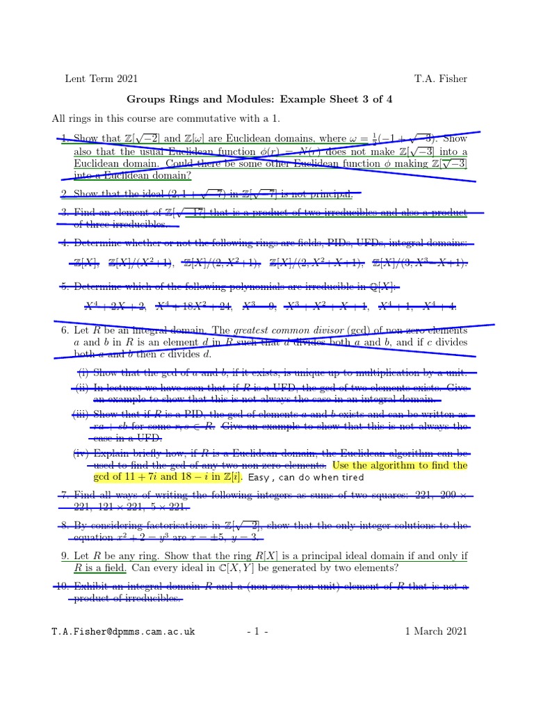 Third Groups Rings and Modules Example Sheet | PDF | Ring (Mathematics ...