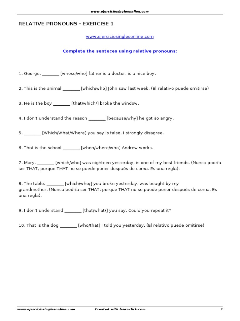Relative Pronouns - Exercise 1 | PDF