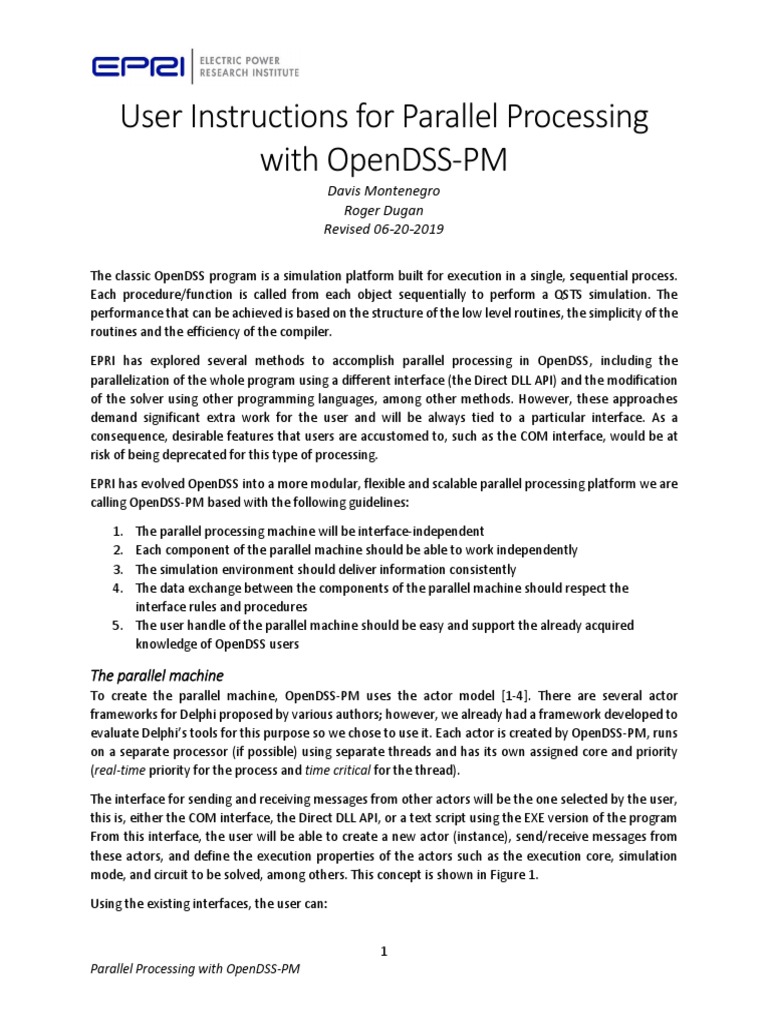 User Instructions For Parallel Processing With Opendss-Pm: Davis Montenegro Roger Dugan Revised ...