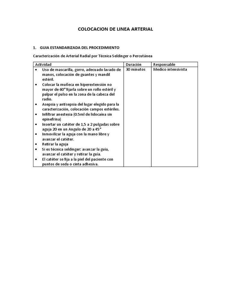 Colocacion de Linea Arterial | PDF