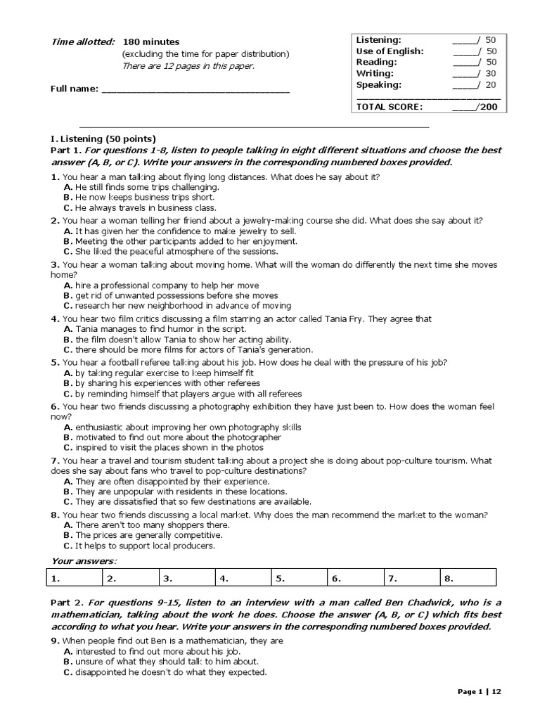 English Listening and Language Test | PDF | Language Arts & Discipline