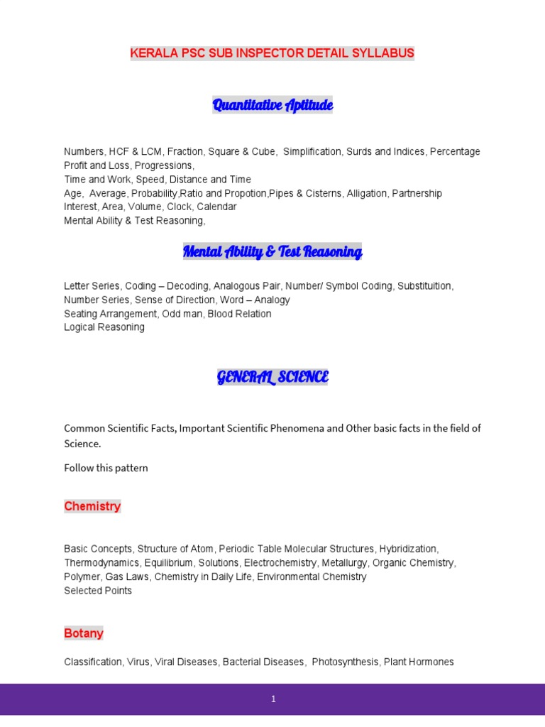 Sub Inspector Syllabus | Download Free PDF | Science | Chemistry