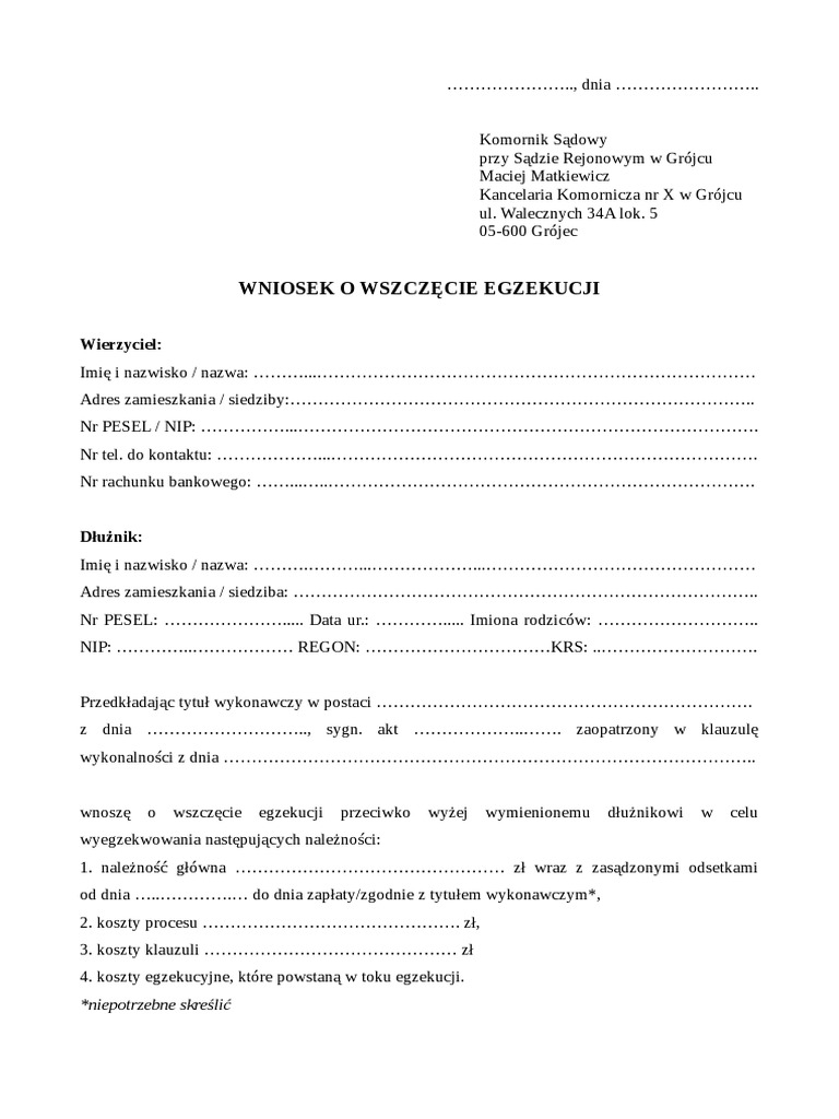 Wniosek o Wszczecie Egzekucji | PDF