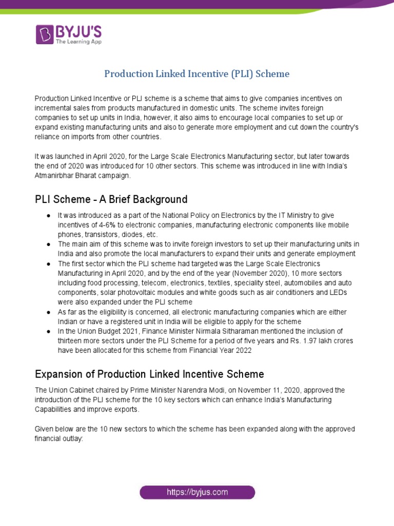 Production Linked Incentive (PLI) Scheme | PDF | Economies