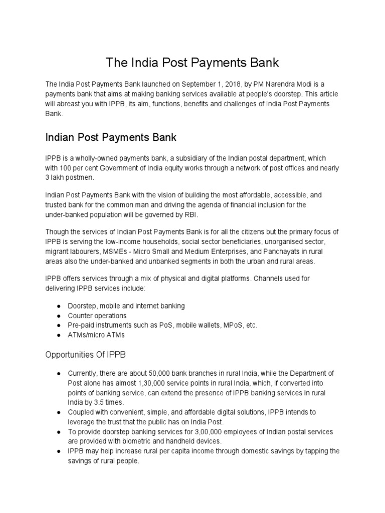 The India Post Payments Bank | PDF | Banks | Post Office