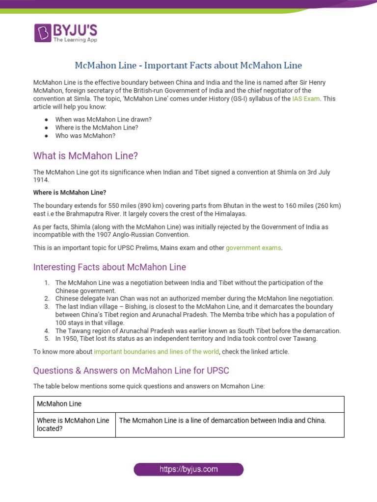 Mcmahon Line - Important Facts About Mcmahon Line | PDF | Politics Of ...