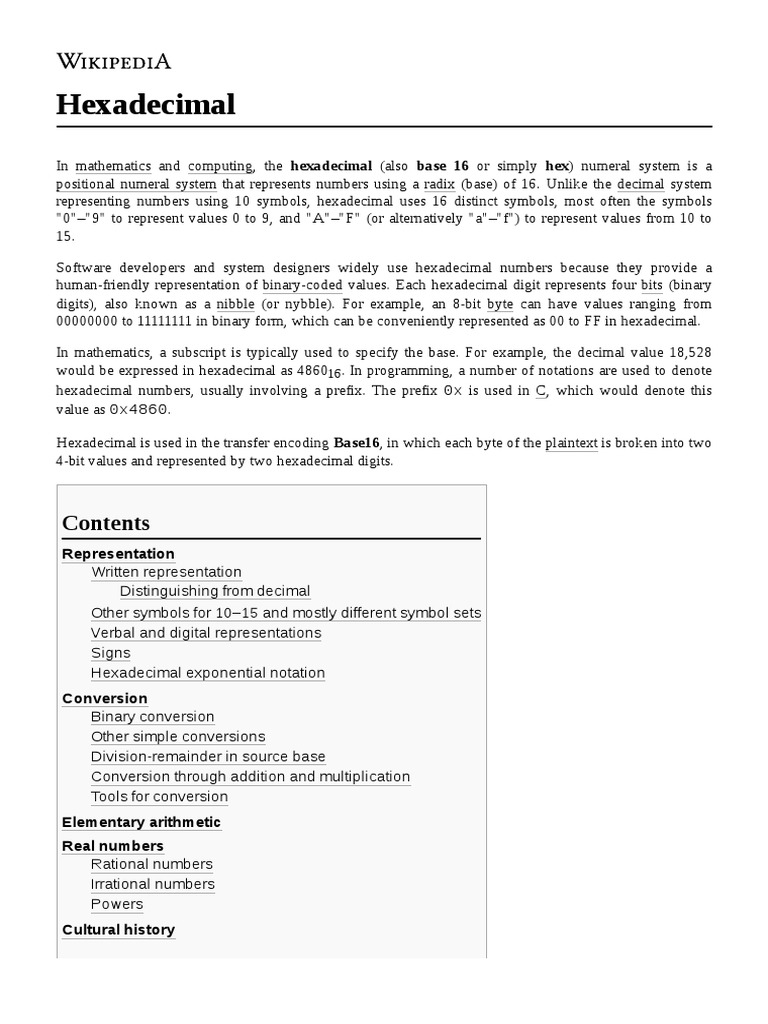 Hexadecimal: Representation | Download Free PDF | Computing | Elementary Mathematics
