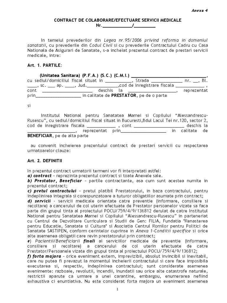 Model Contract Colaborare Efectuare Servicii - Medicale | PDF
