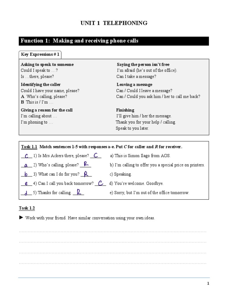 Function 1: Making and Receiving Phone Calls: Unit 1 Telephoning | PDF ...