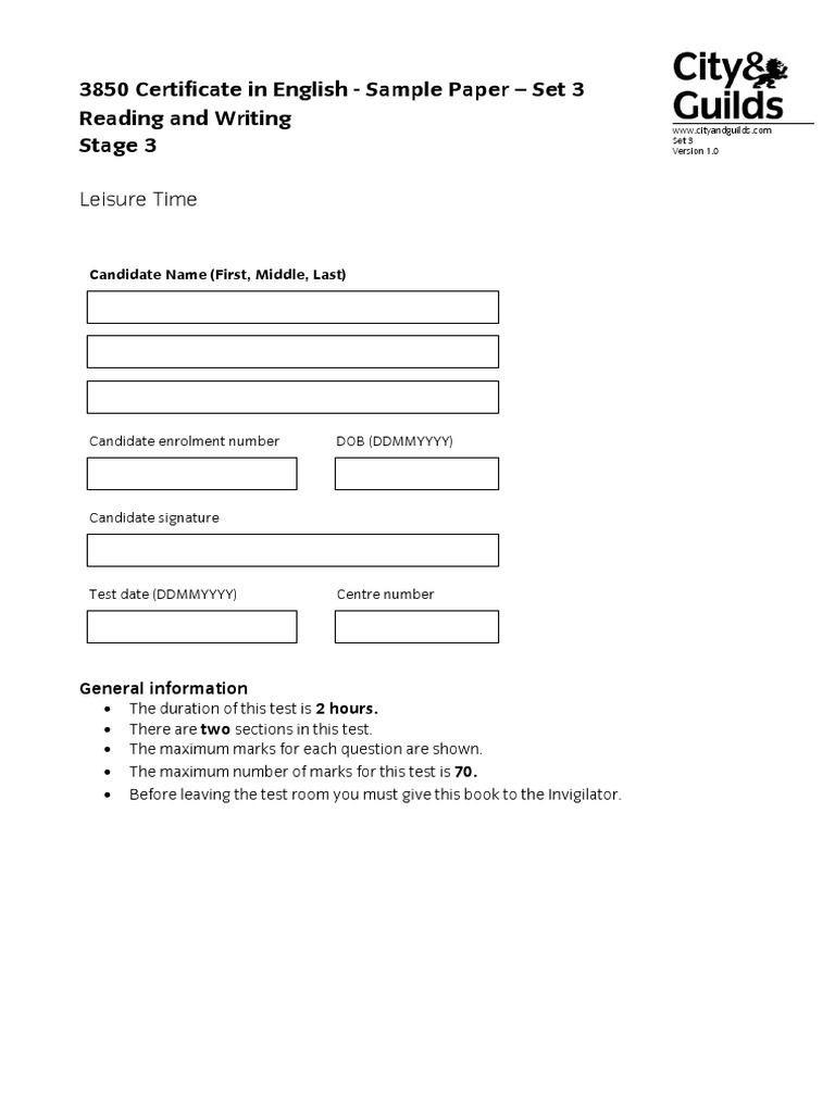 3850 English Stage 3 Question Paper Reading and Writing Set 3 v1 | PDF ...