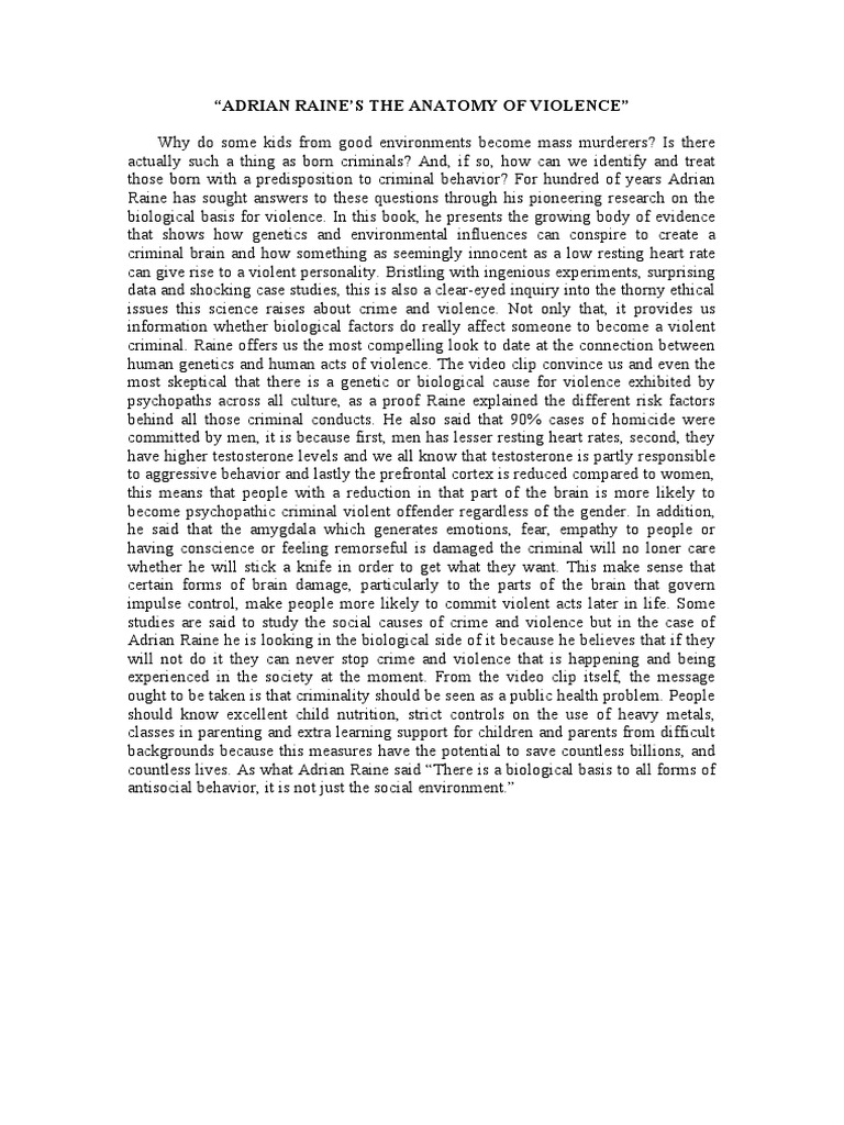 Adrian Raine'S The Anatomy of Violence | PDF | Psychopathy | Violence