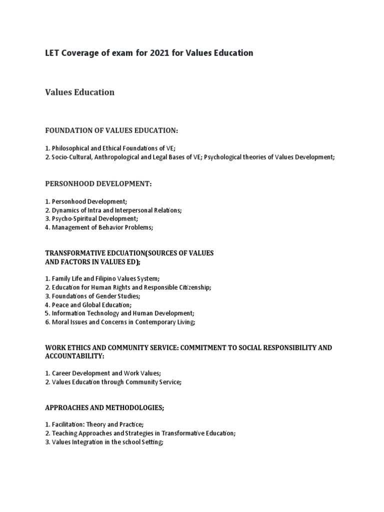 LET Coverage of Exam For 2021 For Values Education | PDF