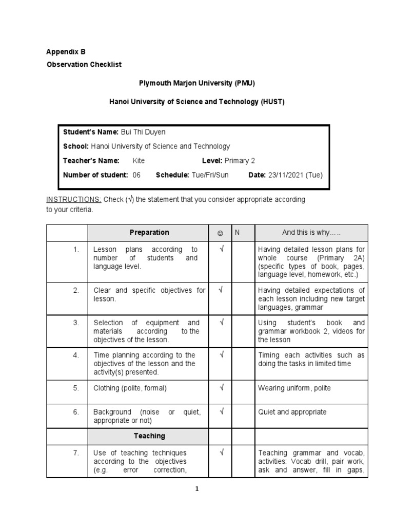 Appendix B - Observation Checklist 1 | PDF | Vocabulary | Lesson Plan