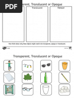 Y3 Science Worksheet 1 Week 22 (Transparent, Translucent & Opaque ...