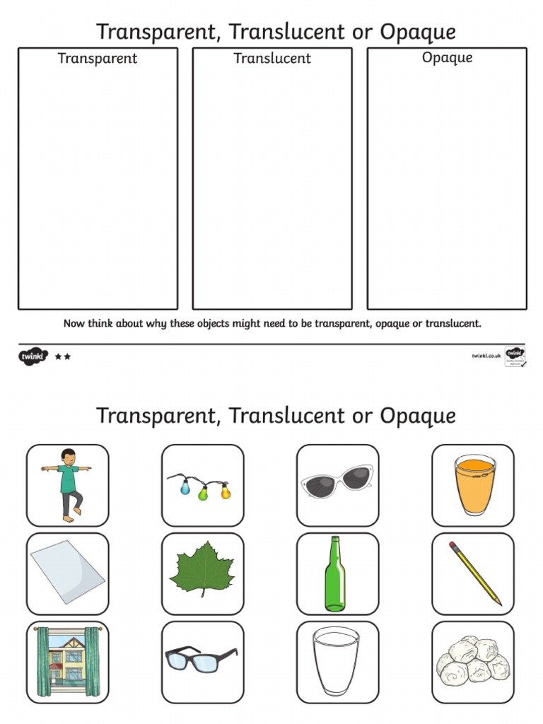 t2 T 401 Transparent Translucent or Opaque Sorting Activity - Ver - 2 | PDF